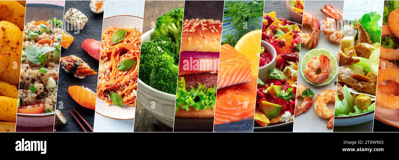 Food collage layout. A variety of dishes, a collection for a restaurant ...