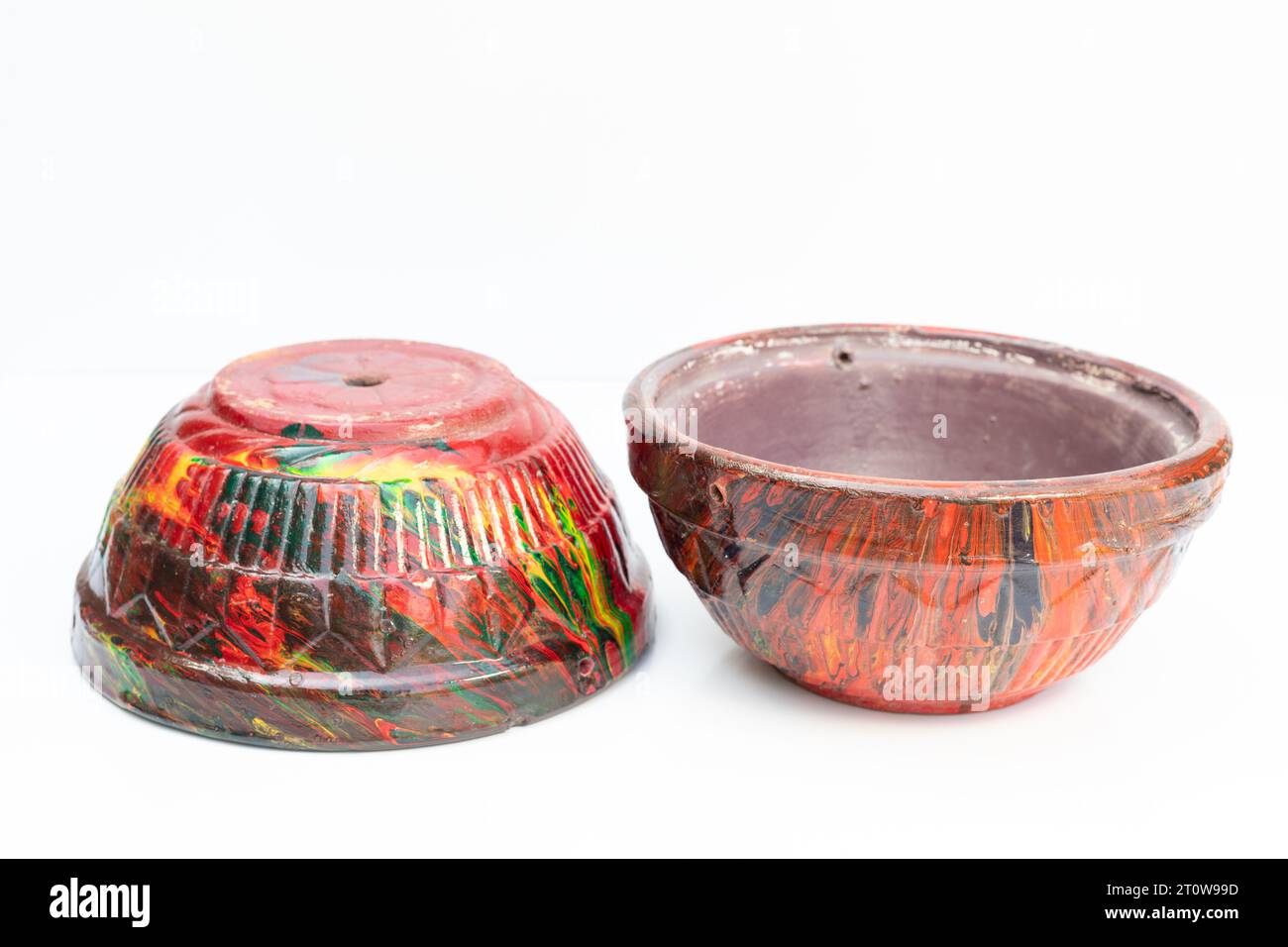 Hanging empty plant clay pots isolated on white background with copy ...