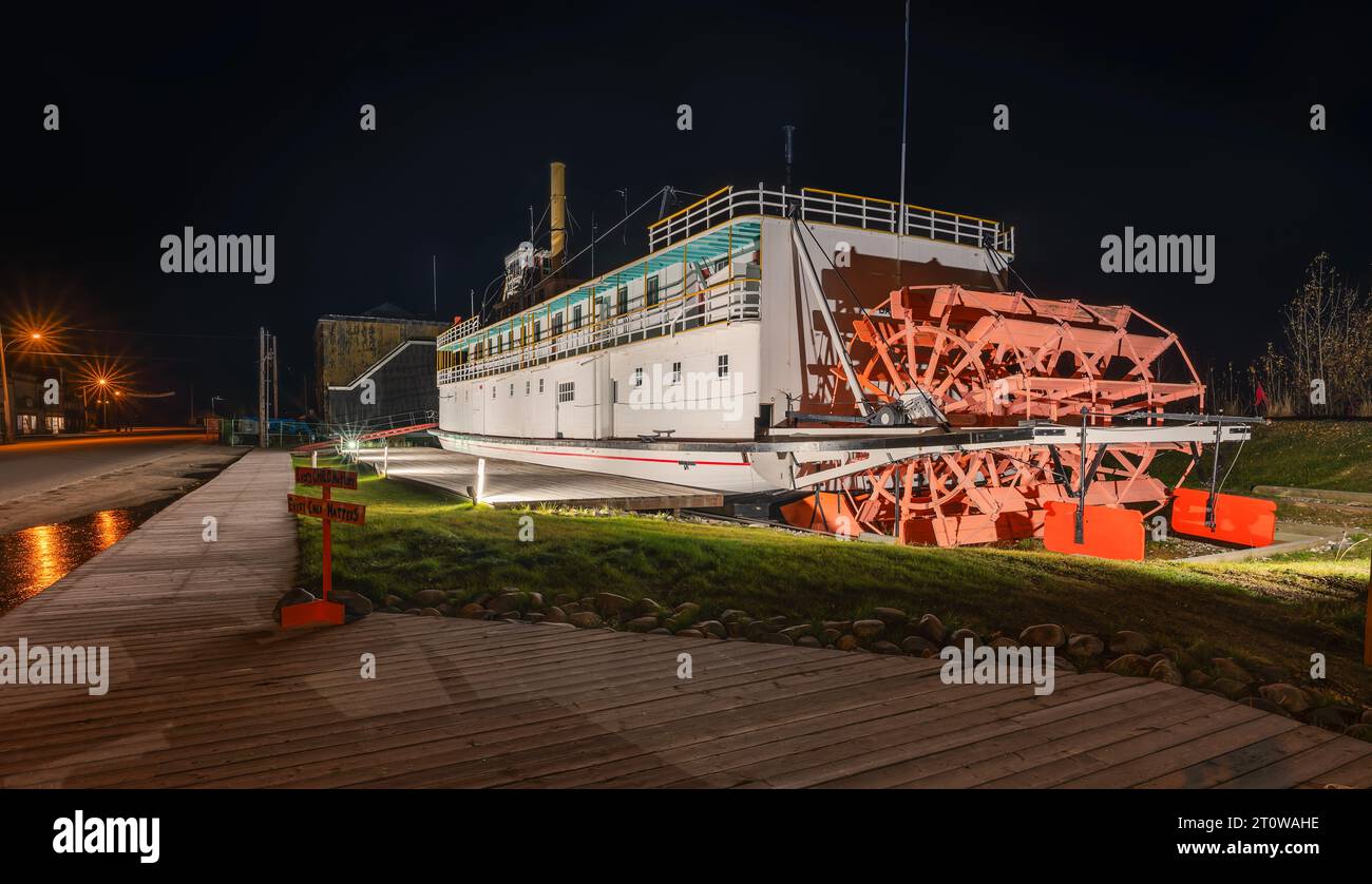 Night view of a historic River Boat (Keno) on Front Street in Dawson ...