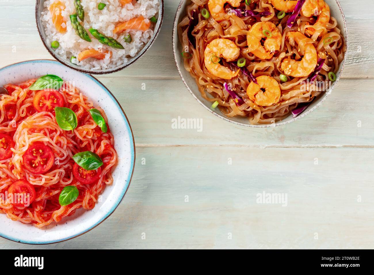 Konjac pasta and rice. An assortment of shirataki dishes, overhead flat ...