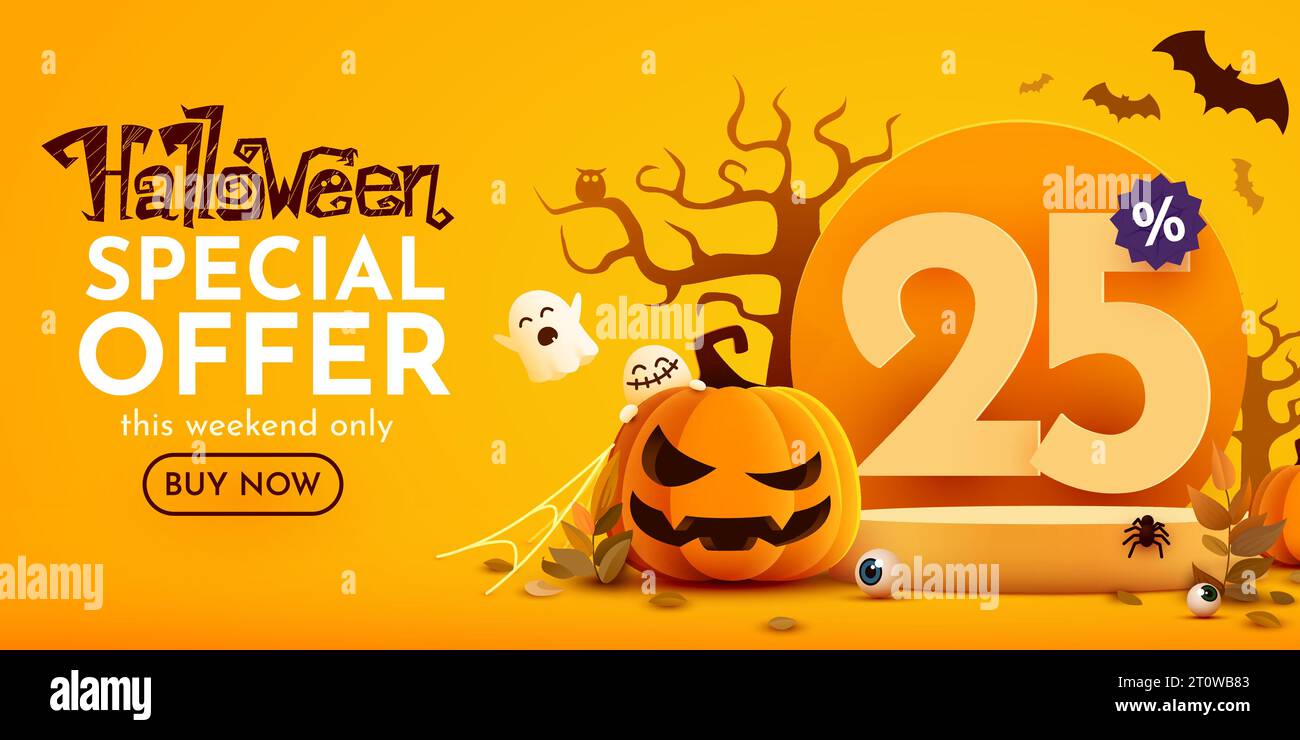 25 percents off. Halloween sale banner template. Podium and numbers ...