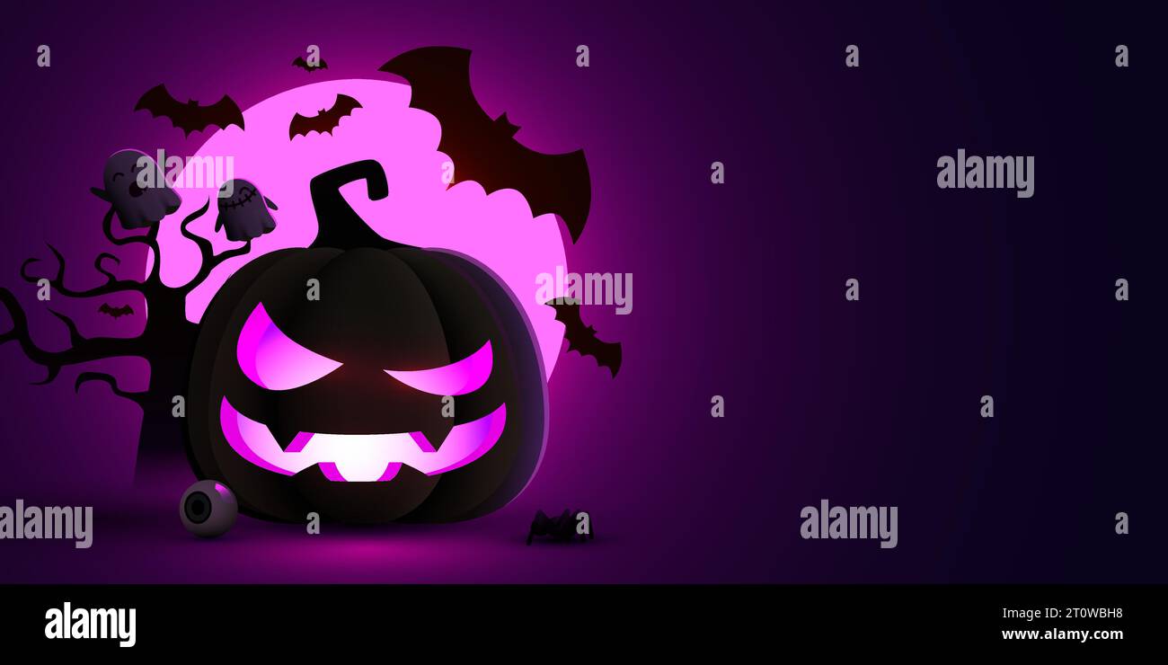 Halloween night background with pumpkin, bats and ghosts. Vector ...