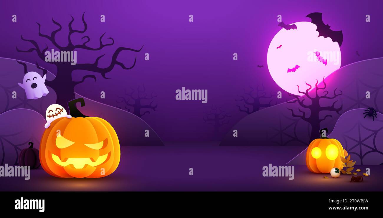 Halloween night background with pumpkins, trees, bats and ghosts ...