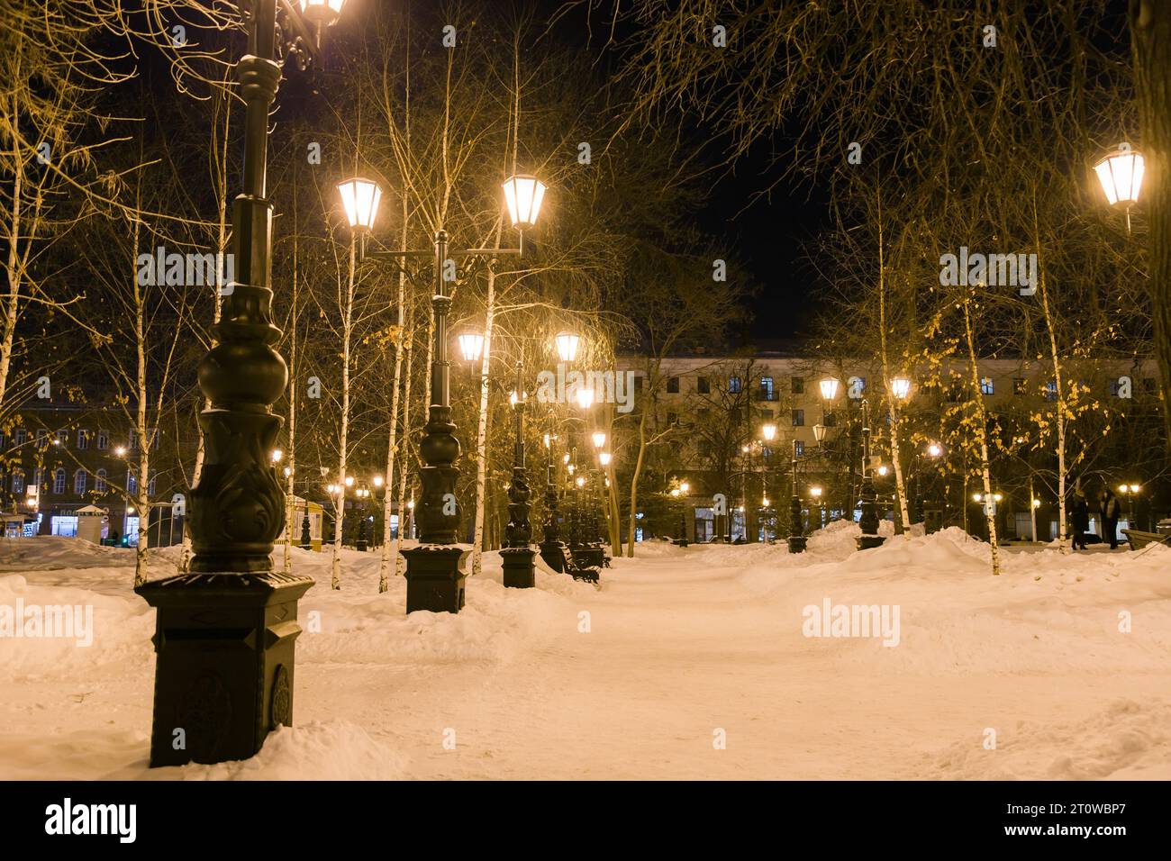 Night winter landscape in amazing city. Street lamp covered snow ...