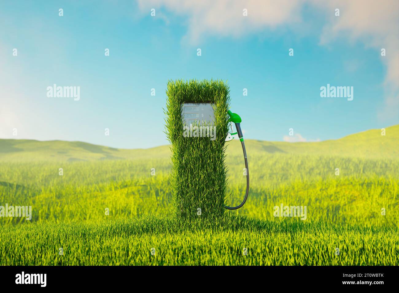Fuel dispenser with a gas pump nozzle covered by green grass. Concept ...