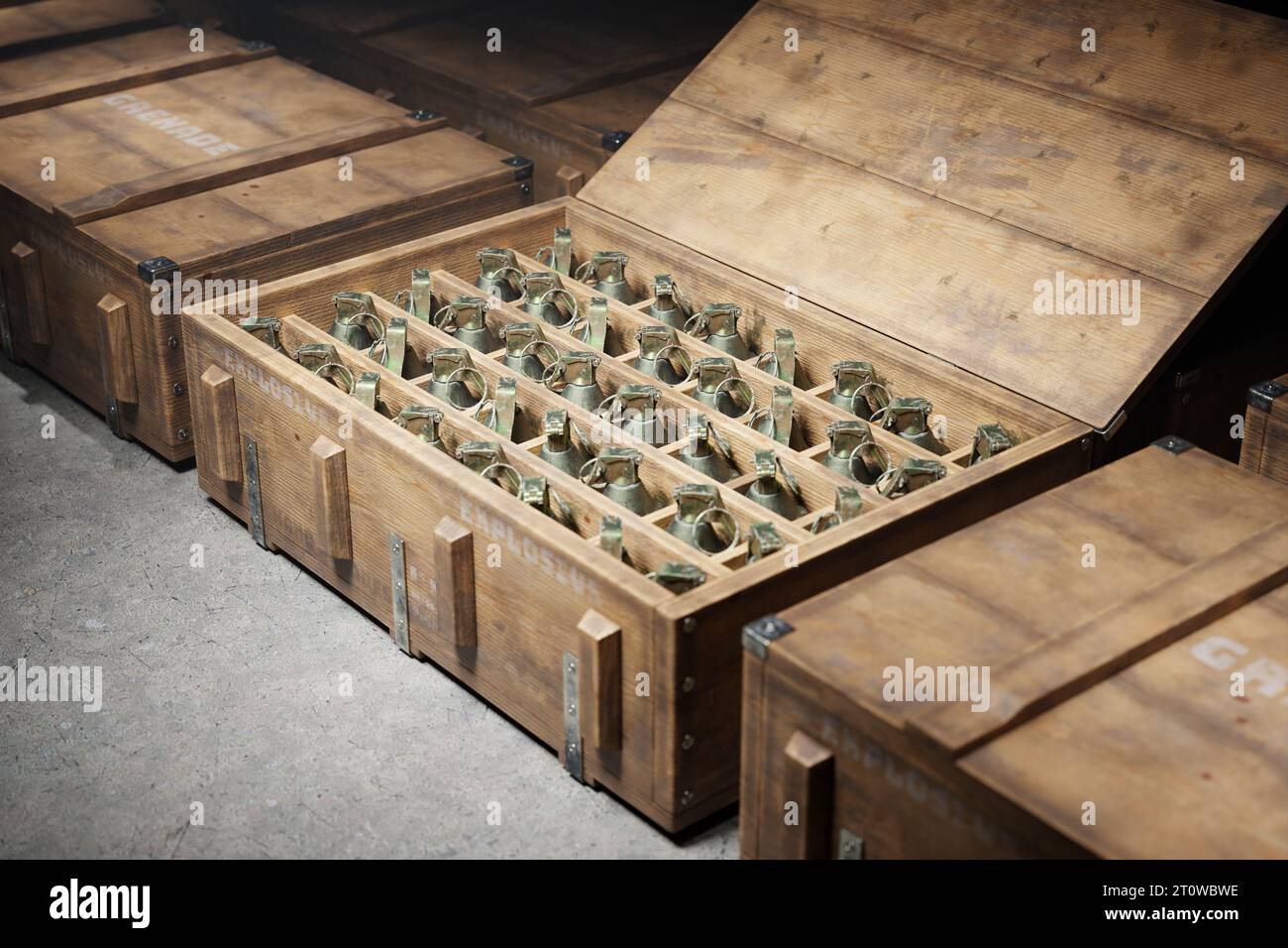 Wooden military boxes filled with grenades. The ammunition containers ...