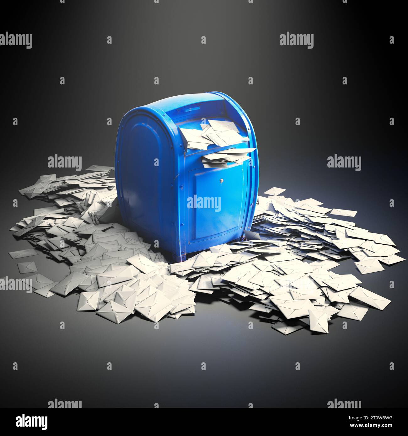 Huge overflow of mail envelopes stacked in a messy pile around a ...