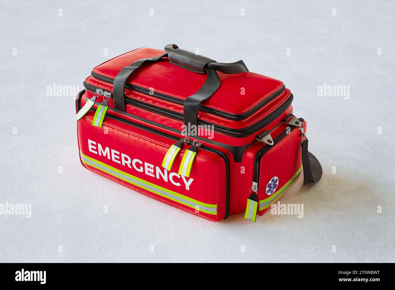 A professional red emergency first aid bag in simple studio light ...