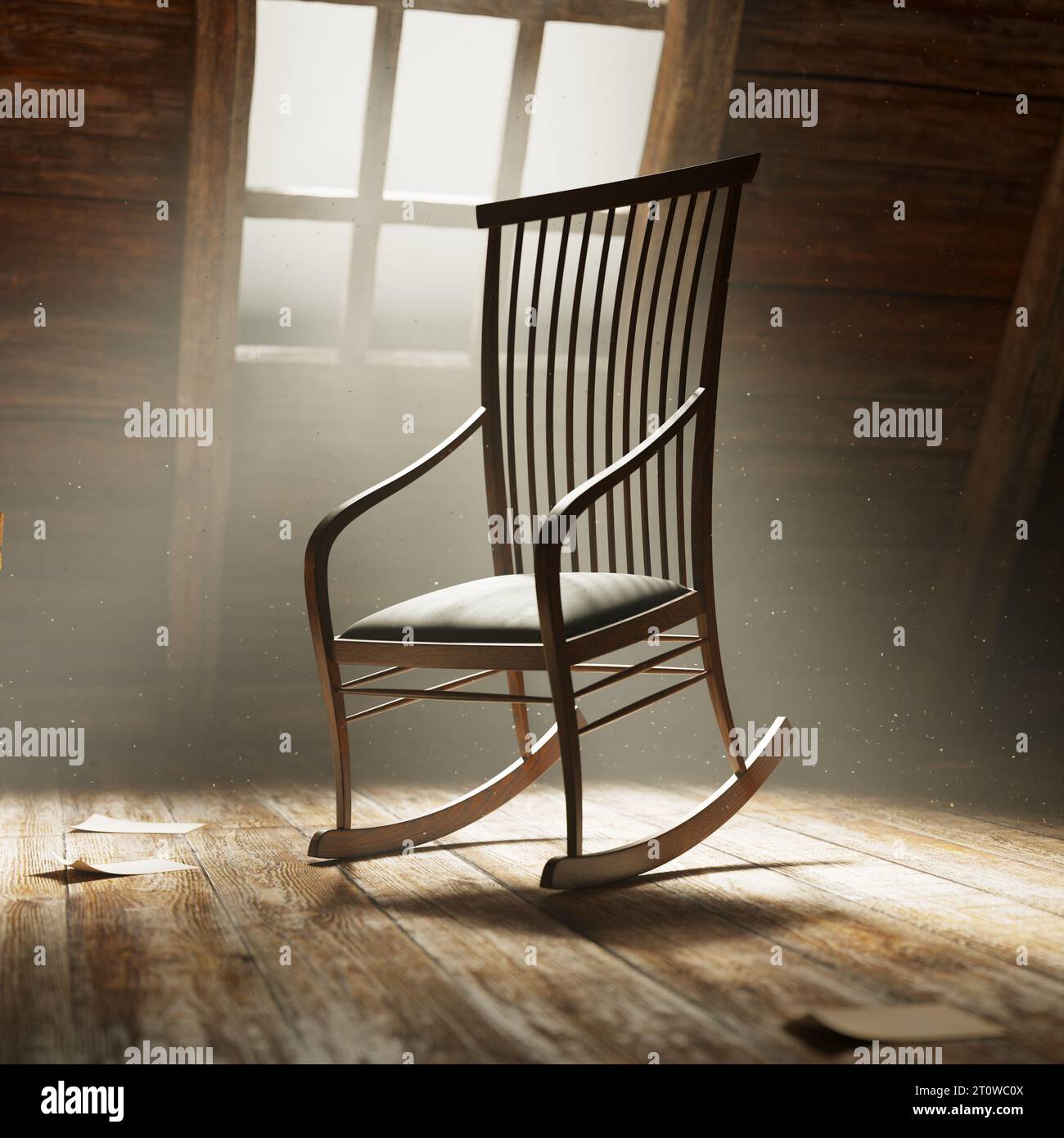 A chair rocking in the middle of the old mystical attic. Sunlight ...