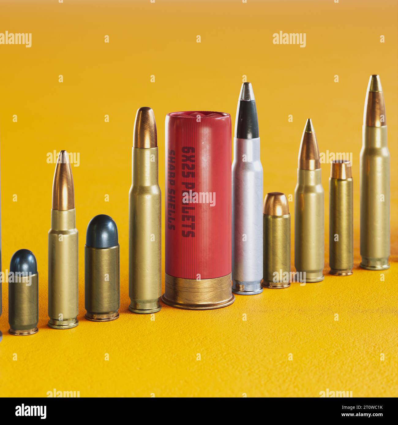A huge row of different bullet types standing on the concrete floor ...