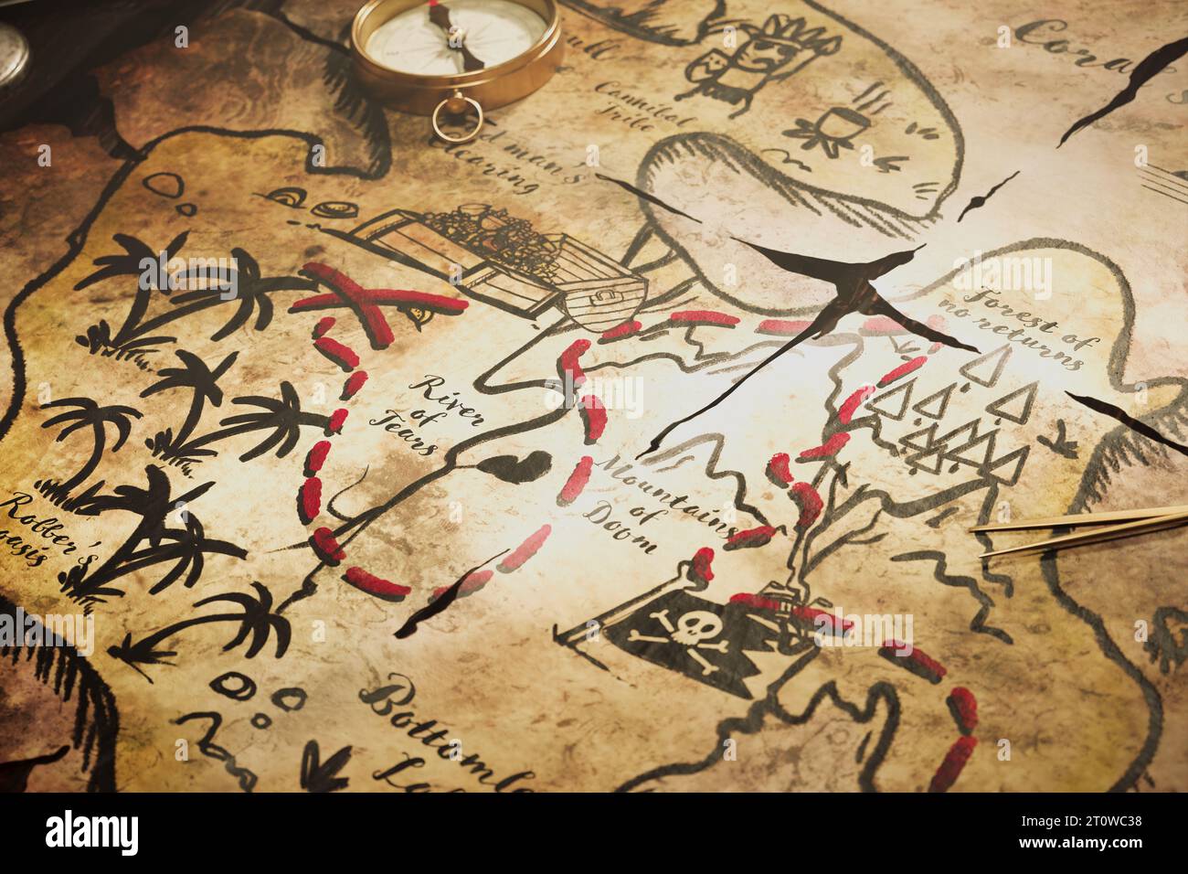A funny hand-drawn ancient map with a path and point marked. The map ...