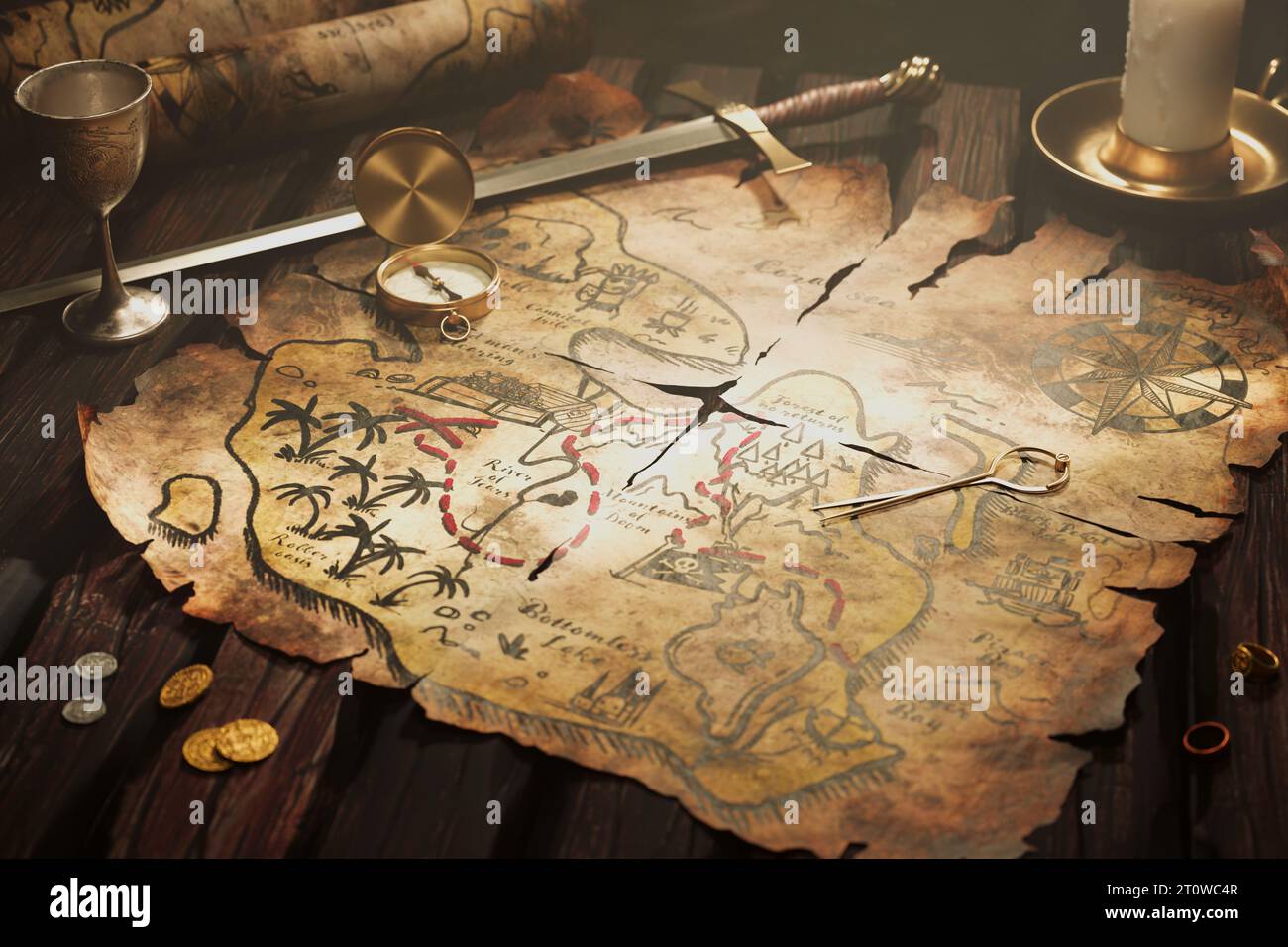 A funny hand-drawn ancient map with a path and point marked. The map ...