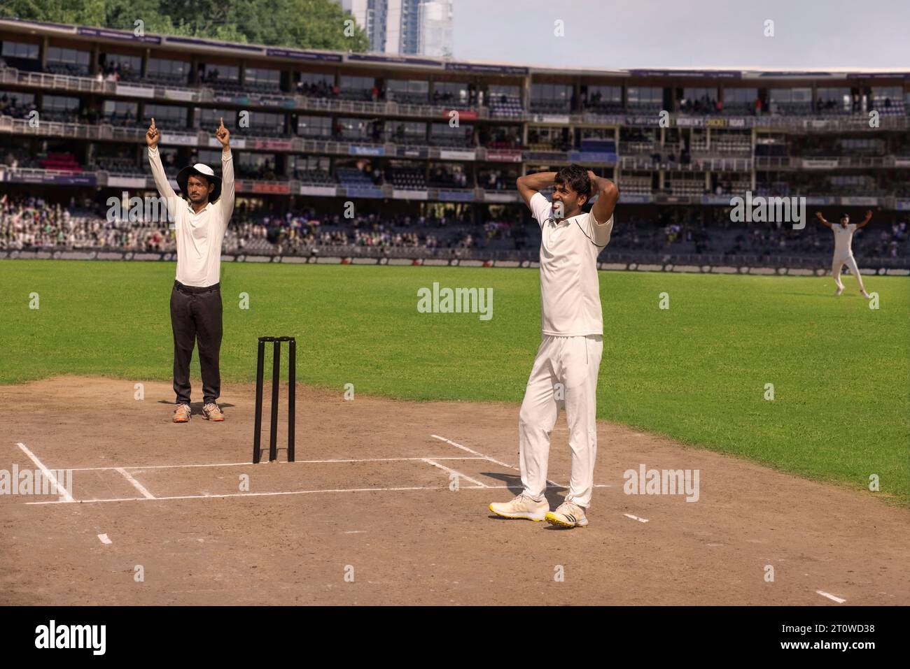 Bowler looking at the boundry as the umpire gives the signal of a sixer ...
