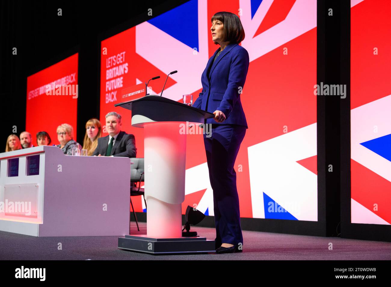 London, UK. 9 October 2023. Shadow Chancellor Rachel Reeves speaking ...