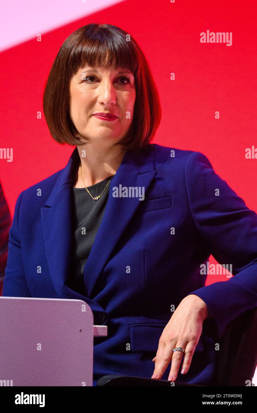 London, UK. 9 October 2023. Shadow Chancellor Rachel Reeves speaking ...