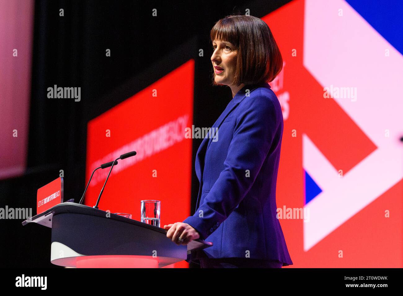 London, UK. 9 October 2023. Shadow Chancellor Rachel Reeves speaking ...