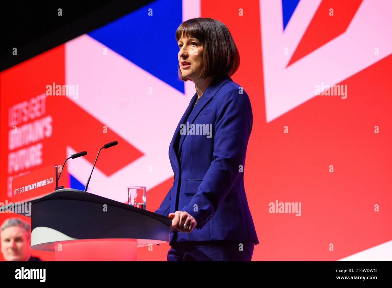 London, UK. 9 October 2023. Shadow Chancellor Rachel Reeves speaking ...