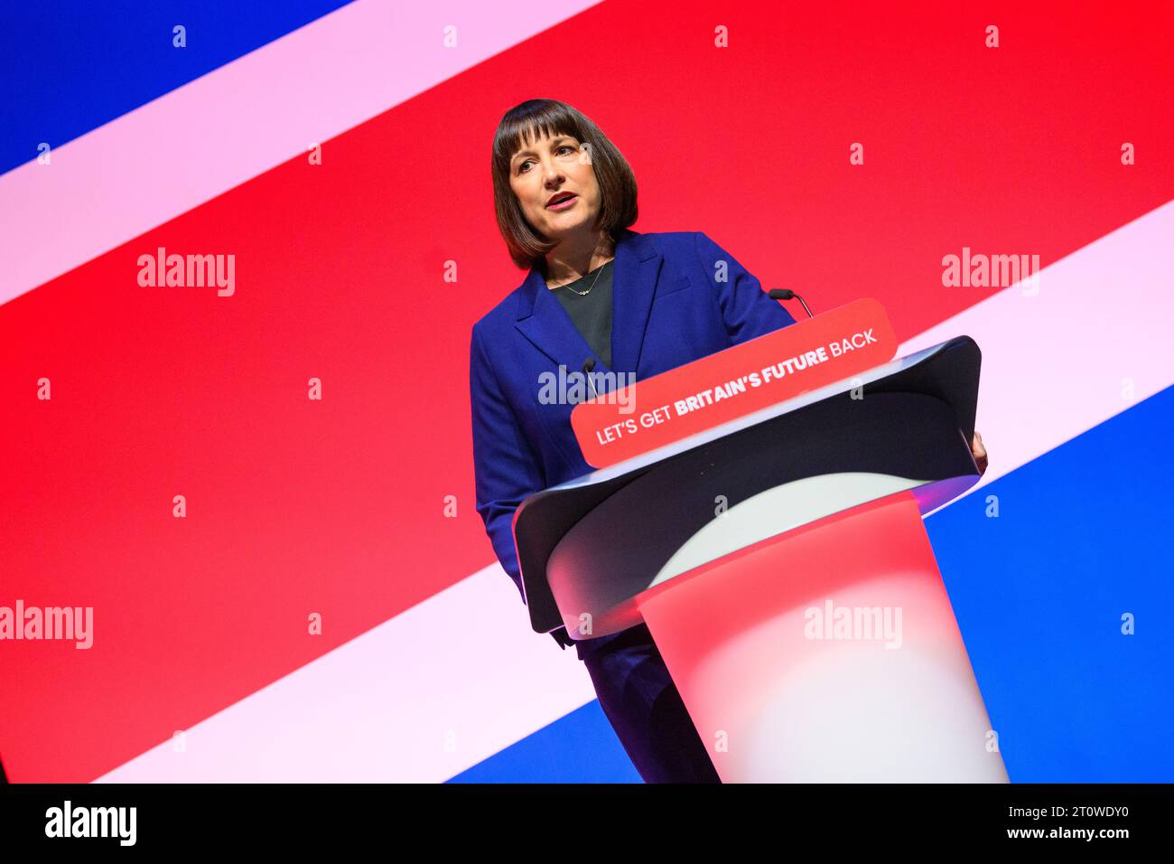 London, UK. 9 October 2023. Shadow Chancellor Rachel Reeves speaking ...