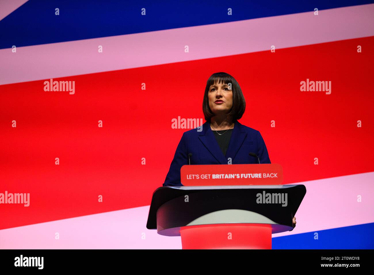 London, UK. 9 October 2023. Shadow Chancellor Rachel Reeves speaking ...