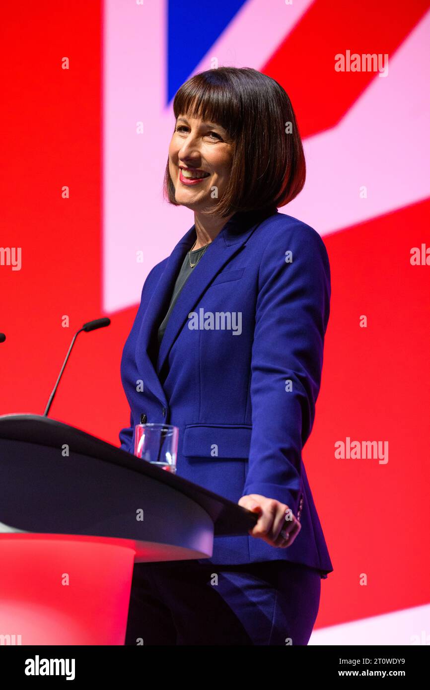 London, UK. 9 October 2023. Shadow Chancellor Rachel Reeves speaking ...