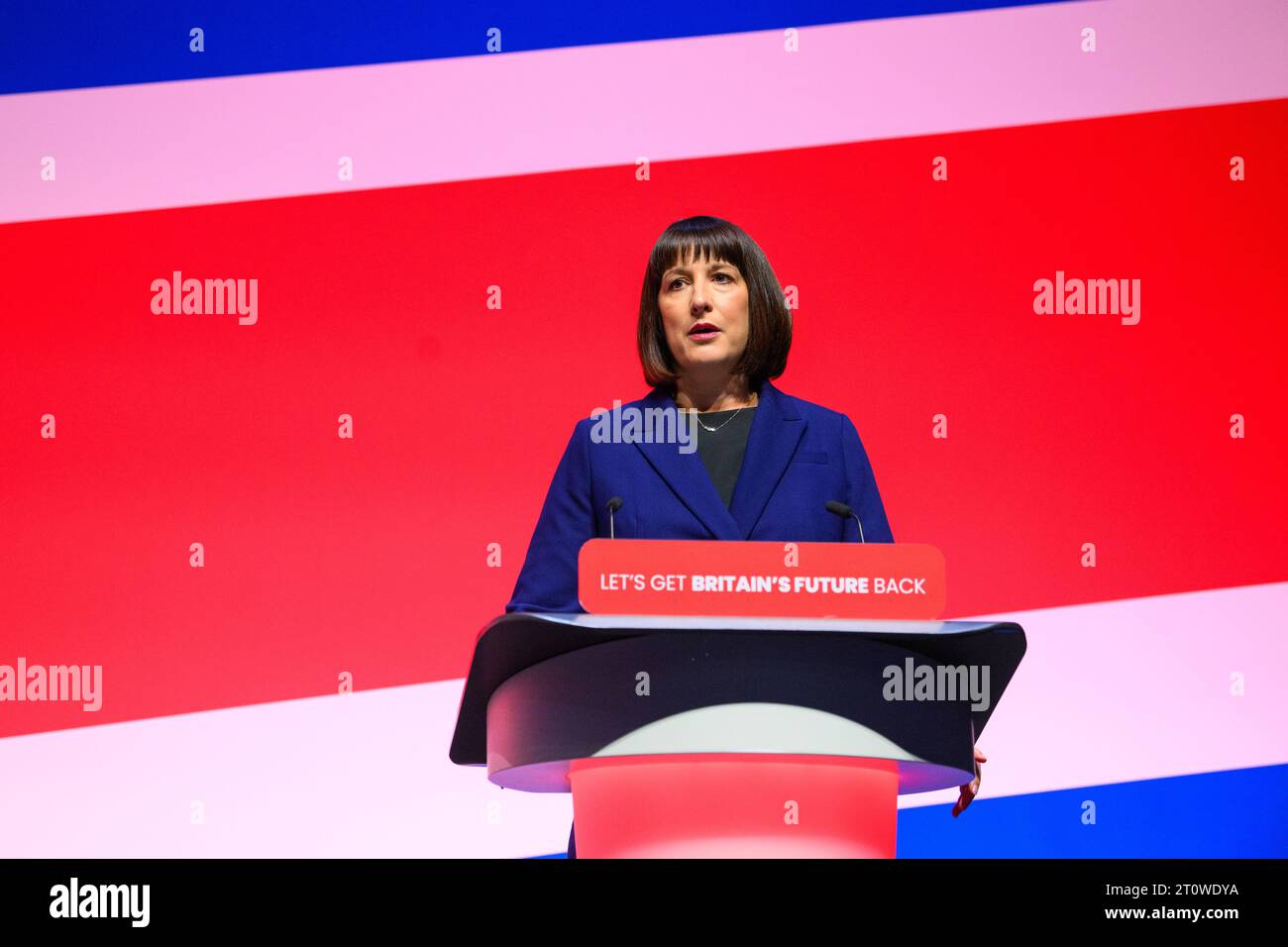 London, UK. 9 October 2023. Shadow Chancellor Rachel Reeves speaking ...