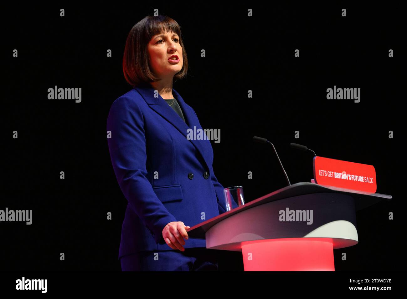 London, UK. 9 October 2023. Shadow Chancellor Rachel Reeves speaking ...
