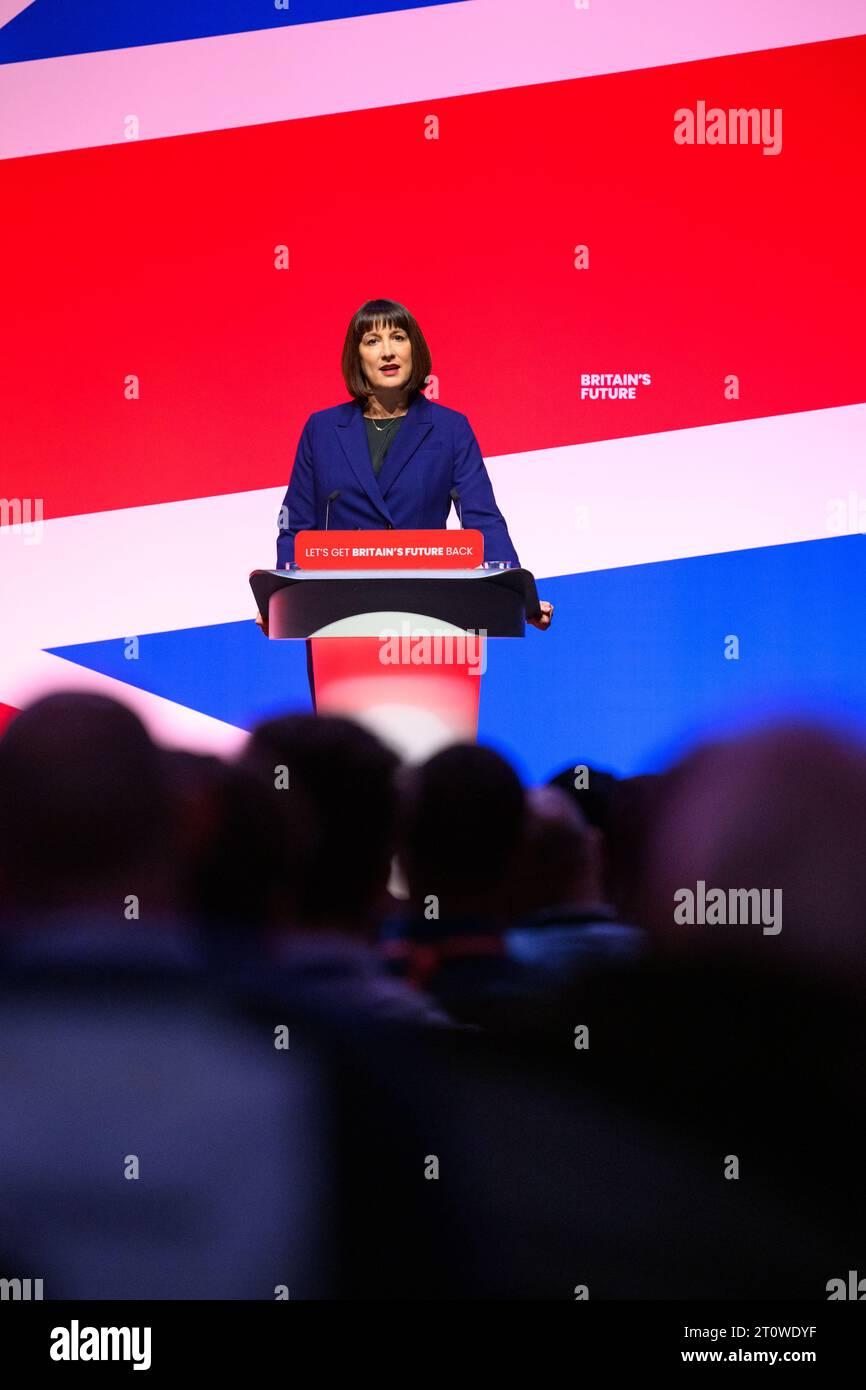 London, UK. 9 October 2023. Shadow Chancellor Rachel Reeves speaking ...