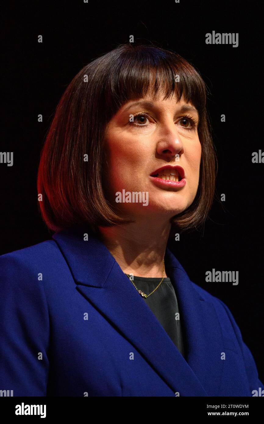 London, UK. 9 October 2023. Shadow Chancellor Rachel Reeves speaking ...
