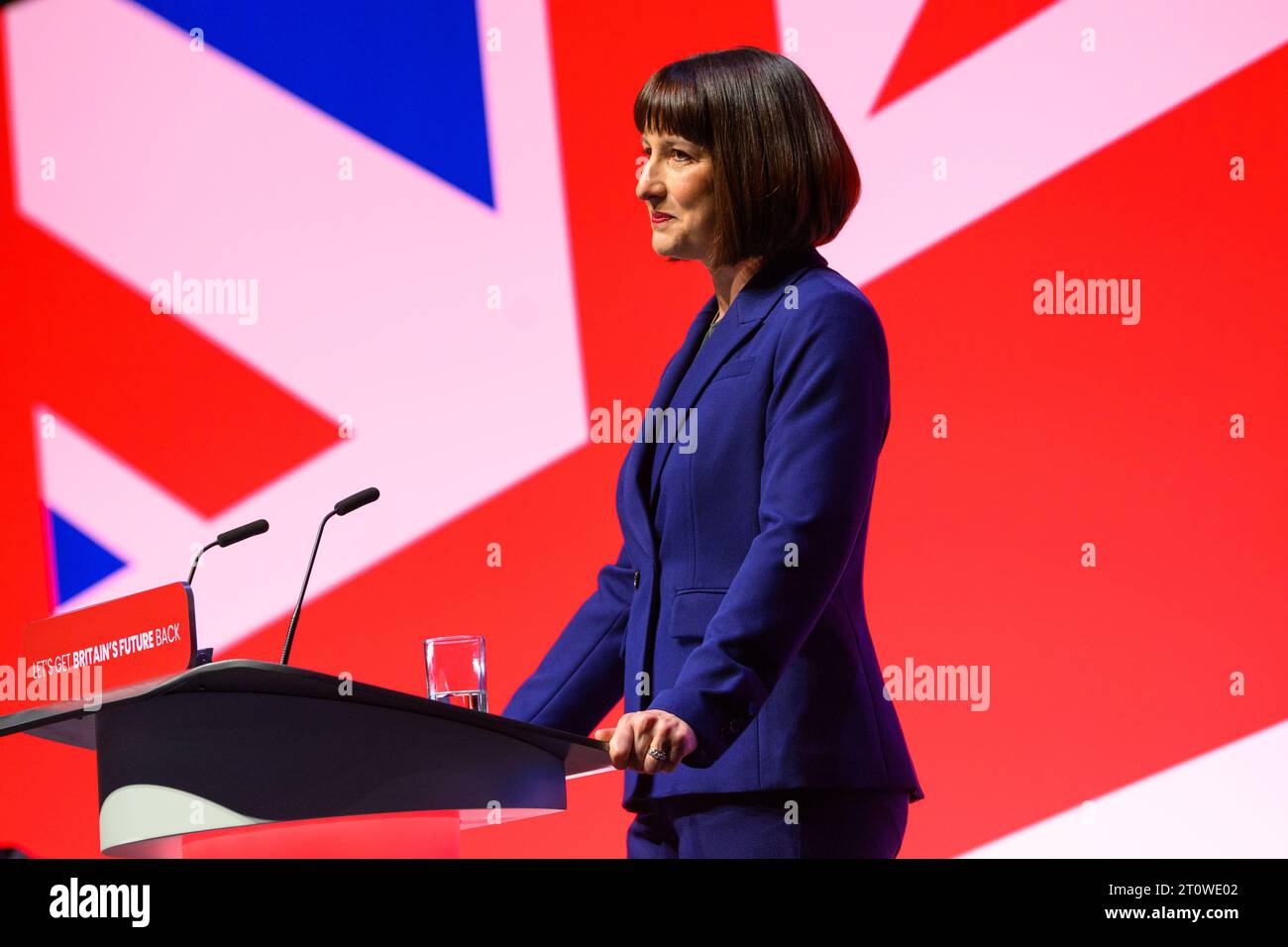 London, UK. 9 October 2023. Shadow Chancellor Rachel Reeves speaking ...