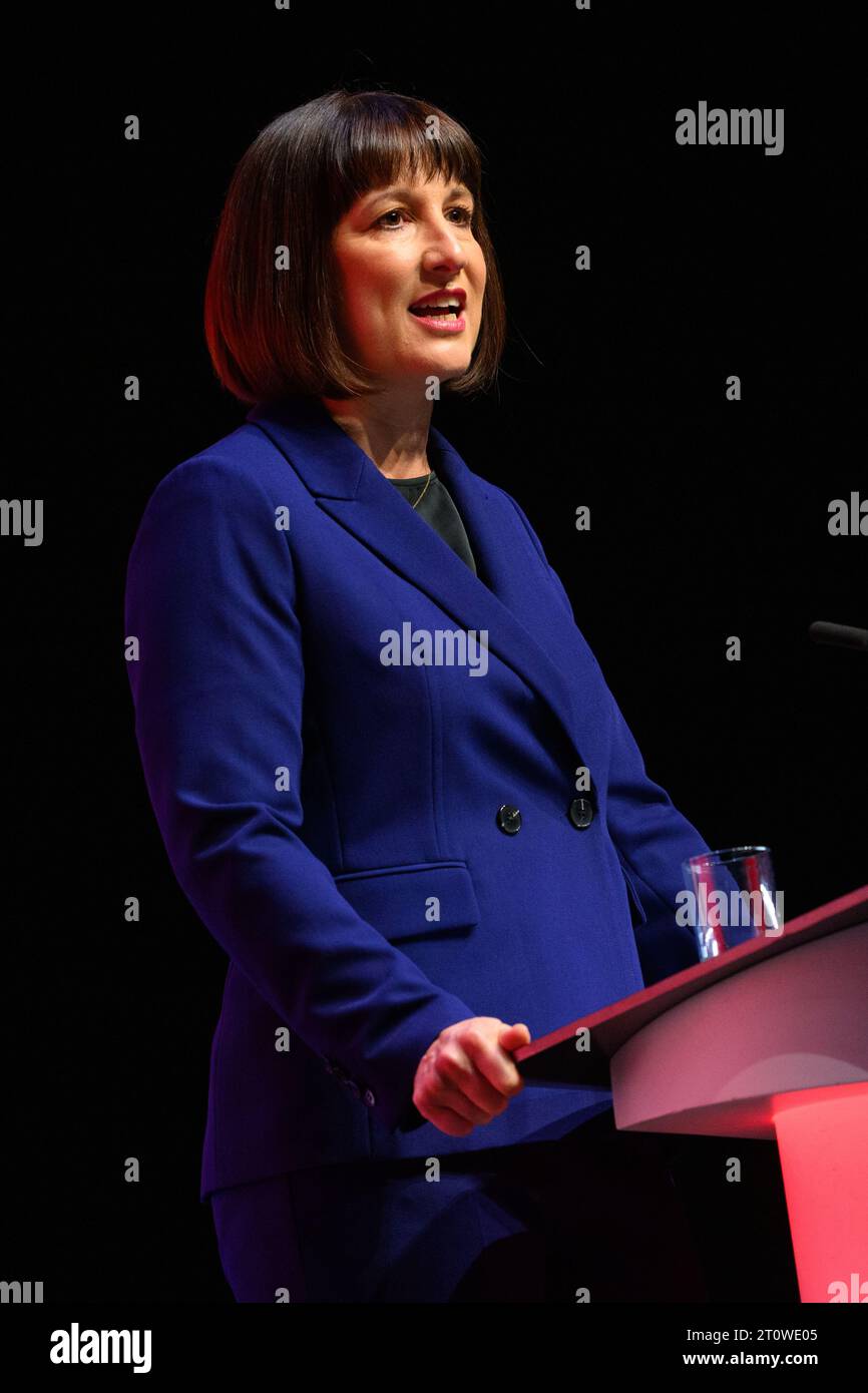 London, UK. 9 October 2023. Shadow Chancellor Rachel Reeves speaking ...