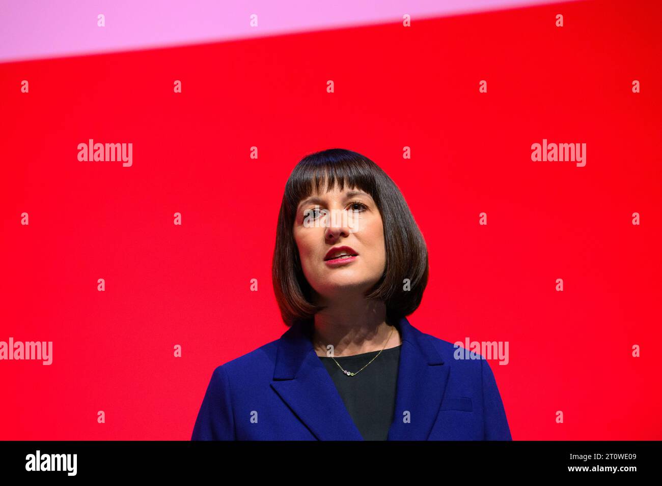 London, UK. 9 October 2023. Shadow Chancellor Rachel Reeves speaking ...