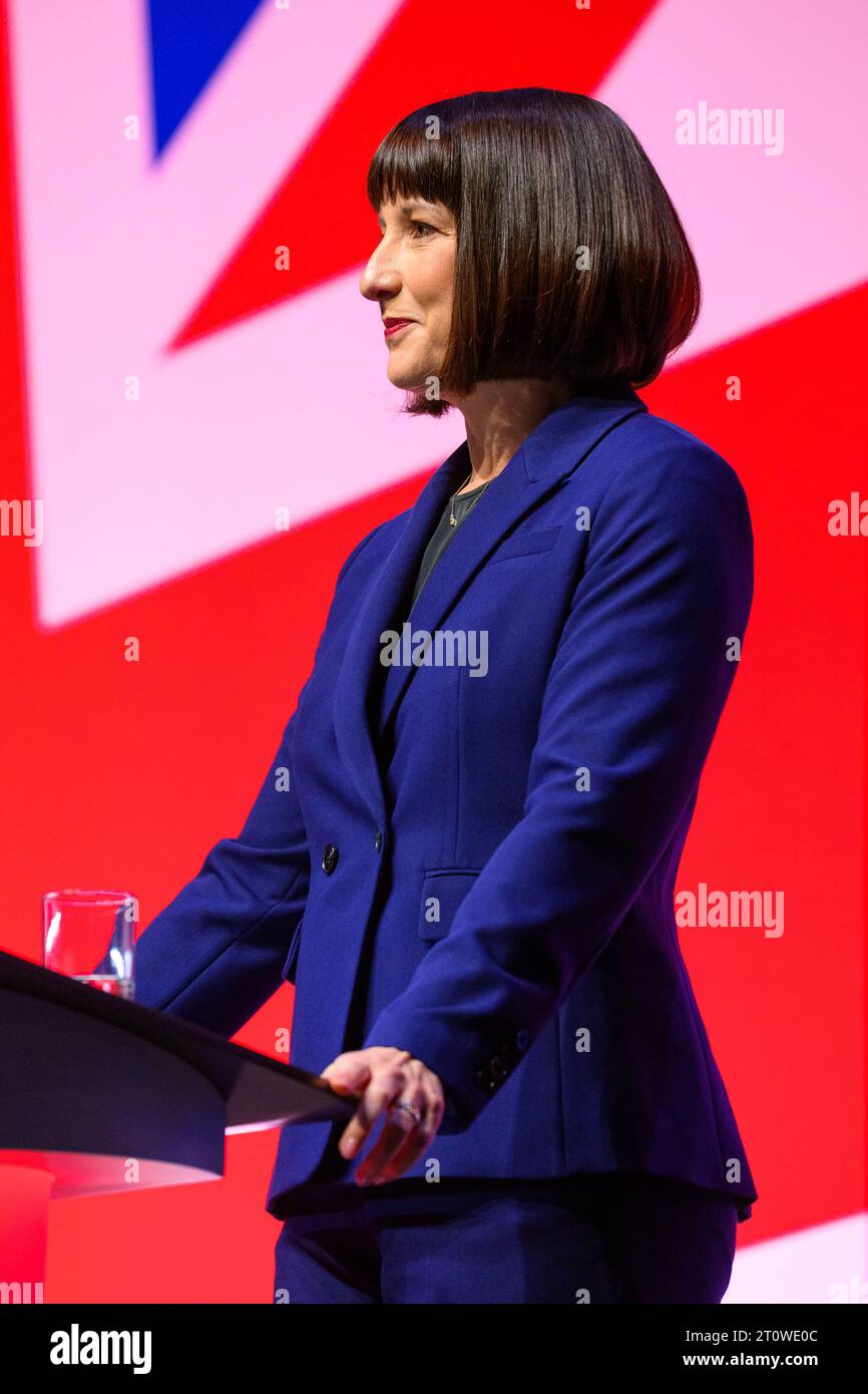 London, UK. 9 October 2023. Shadow Chancellor Rachel Reeves speaking ...