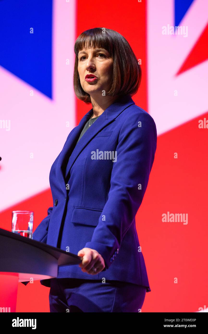 London, UK. 9 October 2023. Shadow Chancellor Rachel Reeves speaking ...