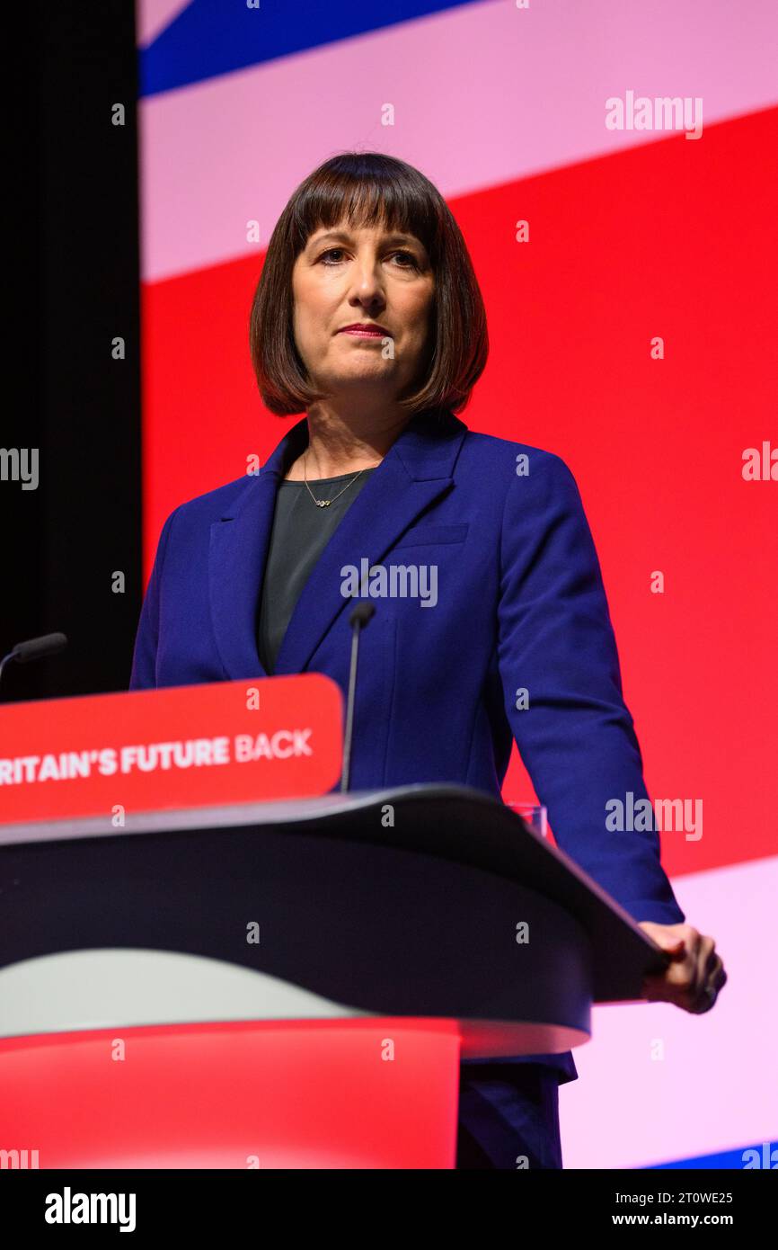 London, UK. 9 October 2023. Shadow Chancellor Rachel Reeves speaking ...