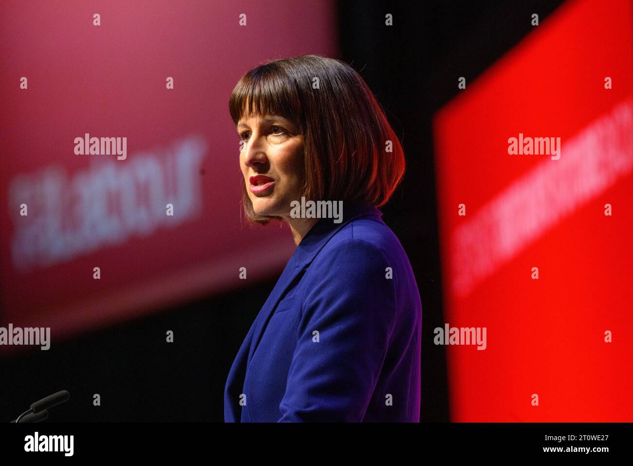 London, UK. 9 October 2023. Shadow Chancellor Rachel Reeves speaking ...