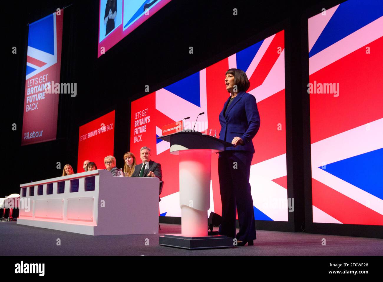 London, UK. 9 October 2023. Shadow Chancellor Rachel Reeves speaking ...