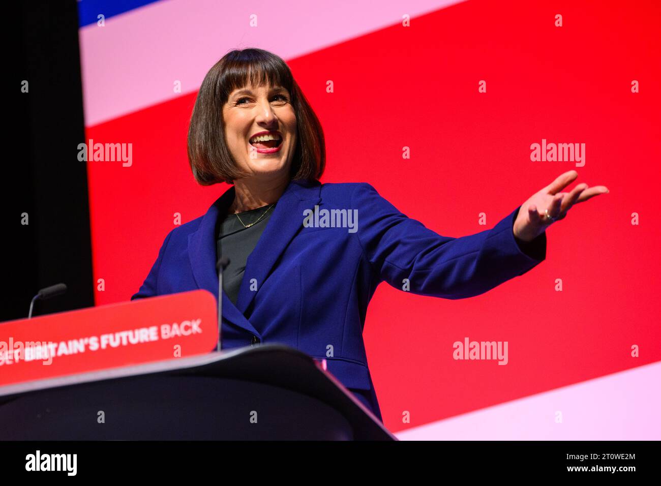London, UK. 9 October 2023. Shadow Chancellor Rachel Reeves speaking ...