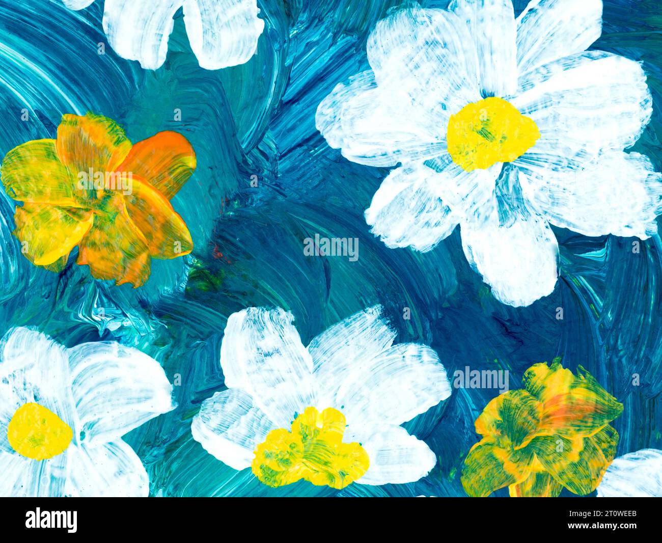 Abstract white flowers, original hand drawn, impressionism style, color ...