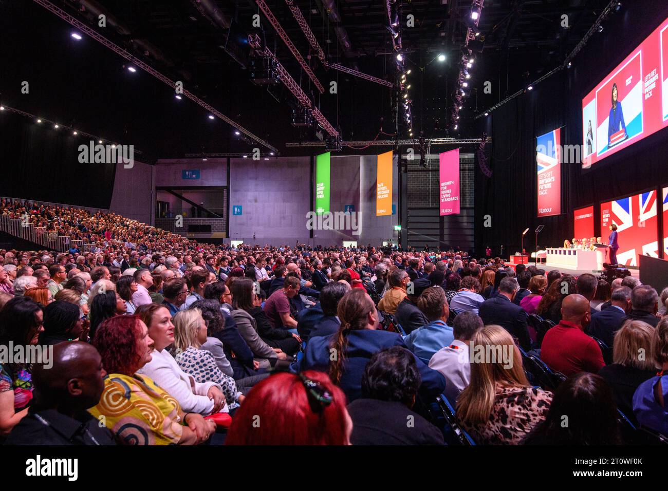 London, UK. 9 October 2023.The audience watch Rachel Reeves’ speech ...