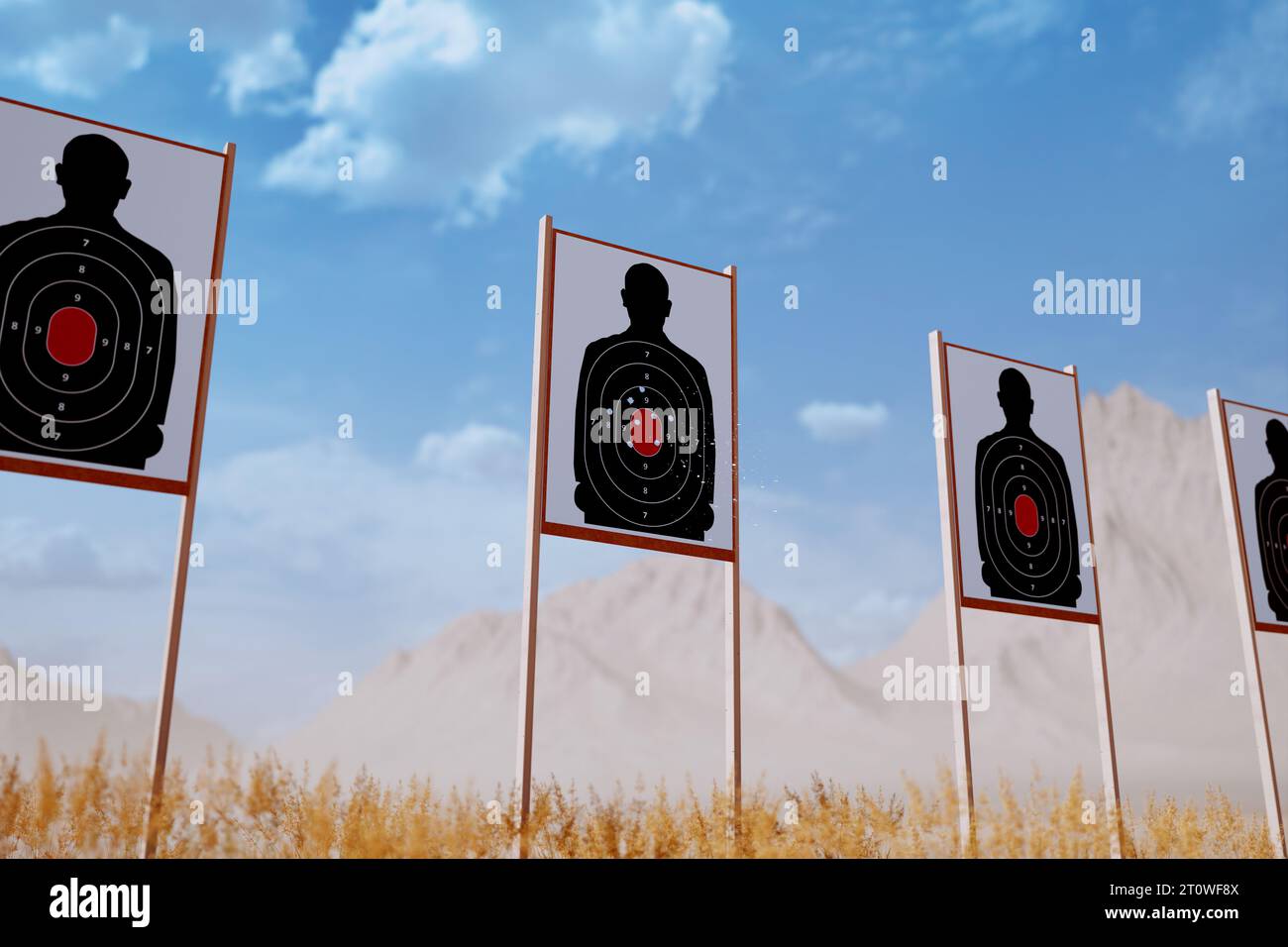 Shooting range with target riddled by bullets. Training practice or ...