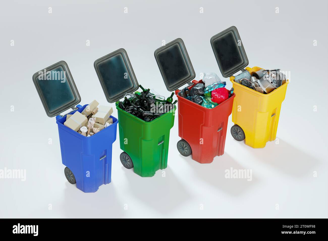 A row of the colorful recycle bins for sorting waste and promoting ...