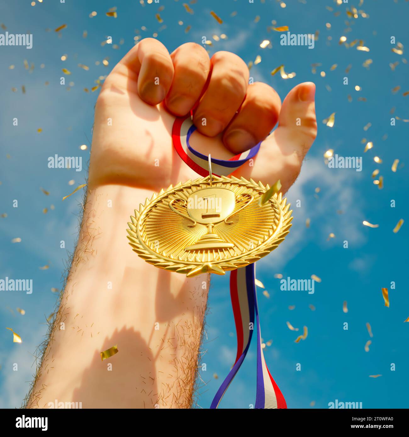 Rising hand holding a shiny gold medal. Top winner with first prize ...