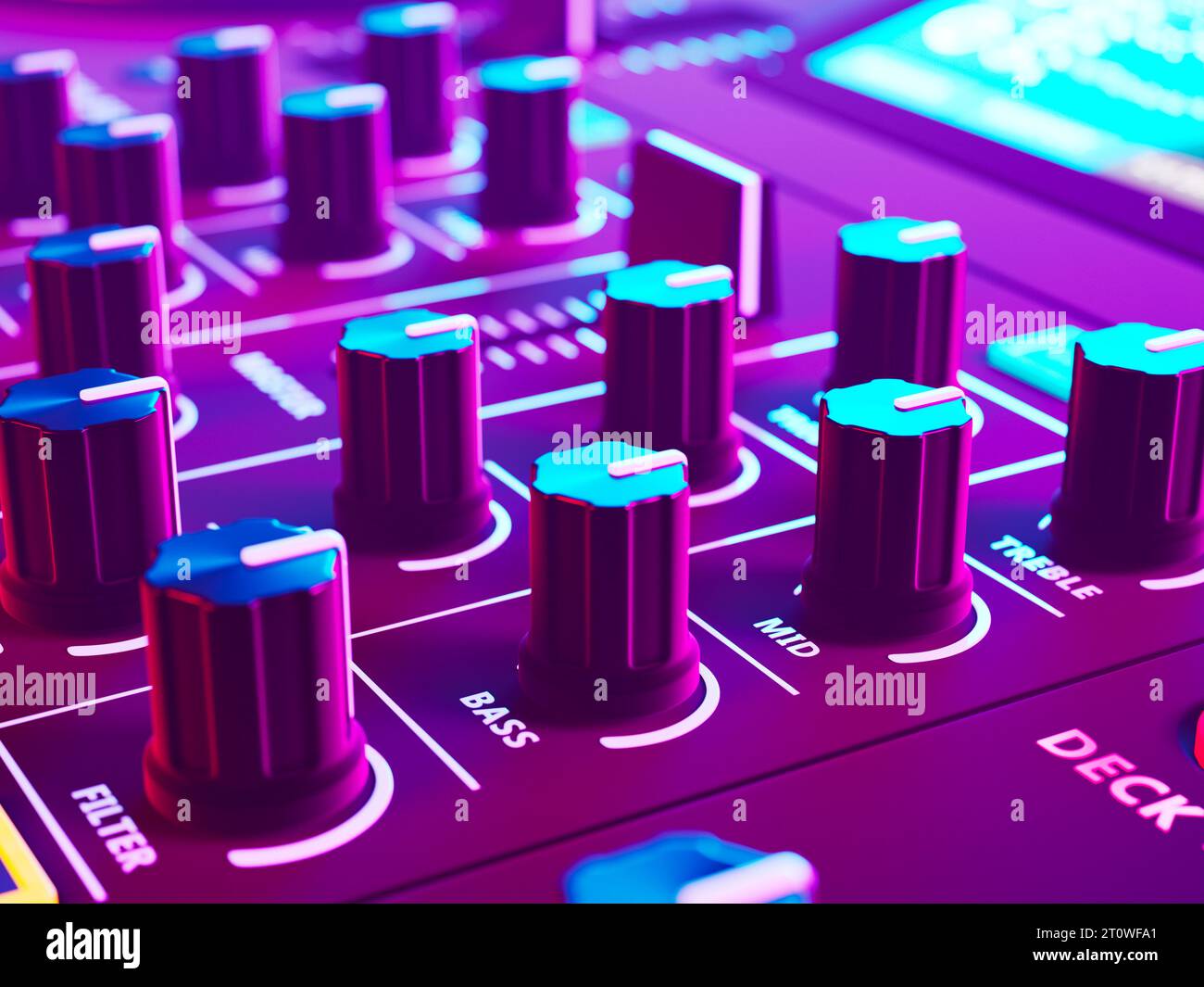 The picture showcases a DJ set, all bathed in glow of colorful club ...