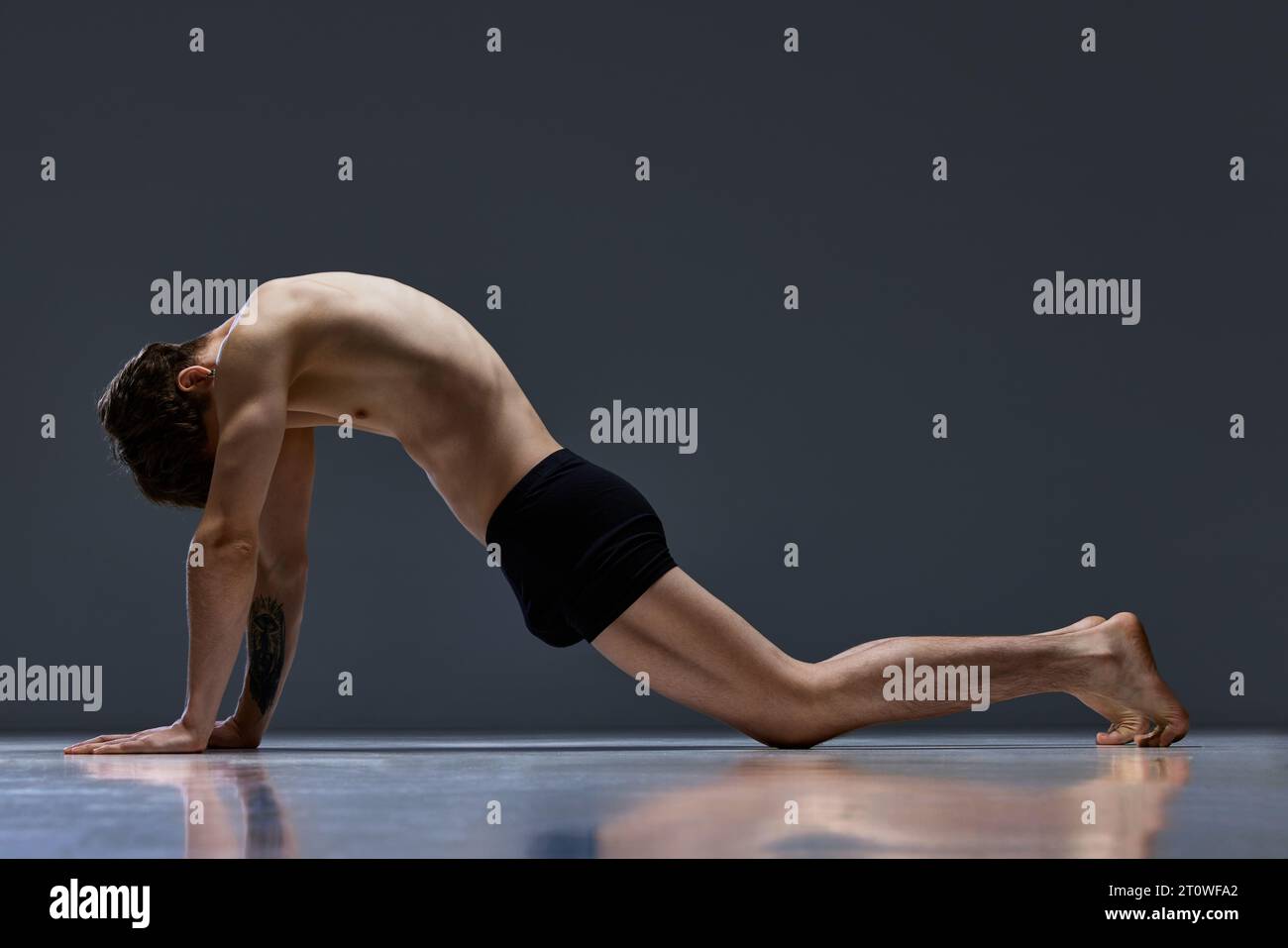 Full-length photo of young man with muscular build body posing sitting ...
