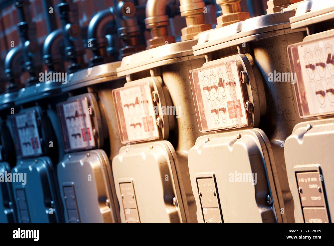Infinite gas meters on a brick wall showing the continuous flow of gas ...
