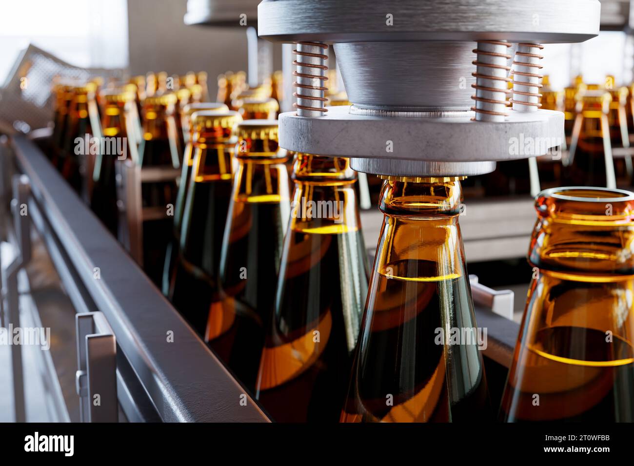 Glass bottles with liquid inside moving gradually in a factory pipeline ...