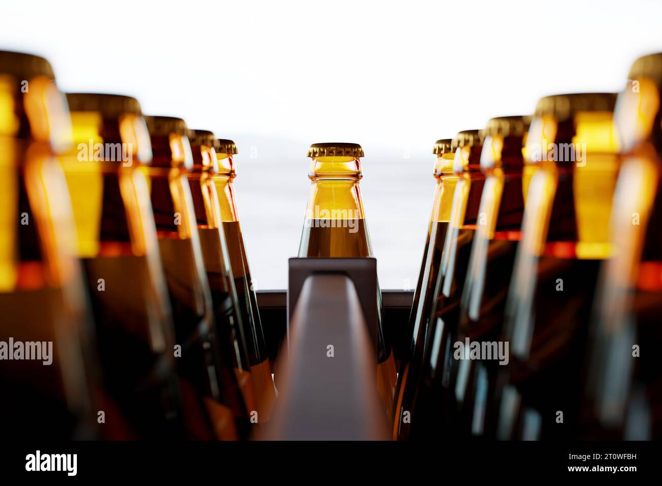 Glass bottles with liquid inside moving gradually in a factory pipeline ...