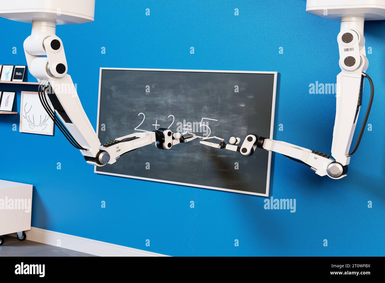 Sci-fi concept of the advanced futuristic robot writing simple math ...