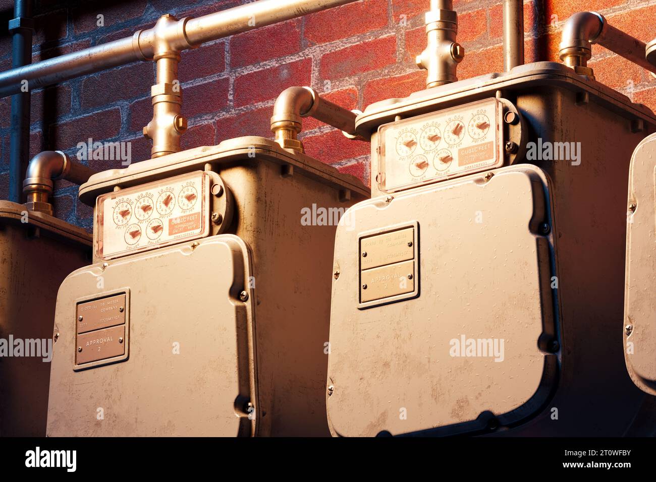 Infinite gas meters on a brick wall showing the continuous flow of gas ...