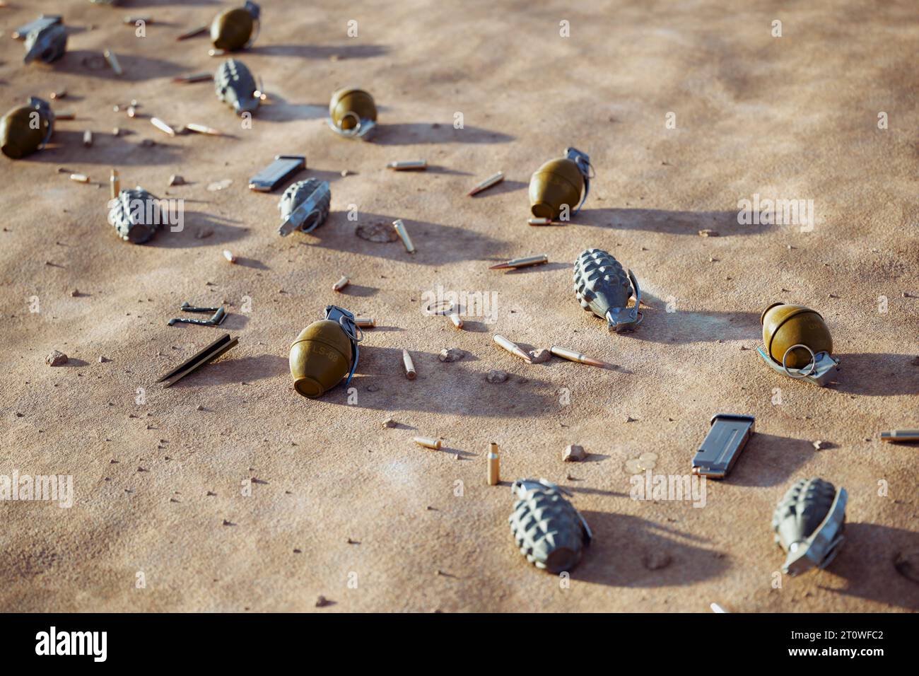 Image of a sandy battleground, where grenades, bullets, and shells lay ...